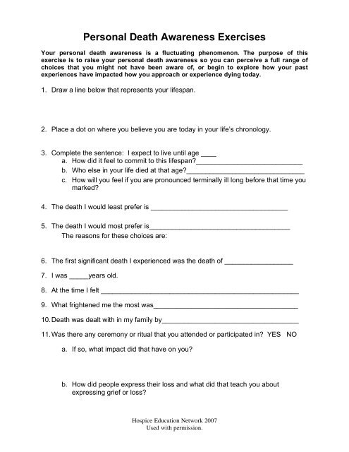 Personal Death Awareness Exercises - Home Care Information ...