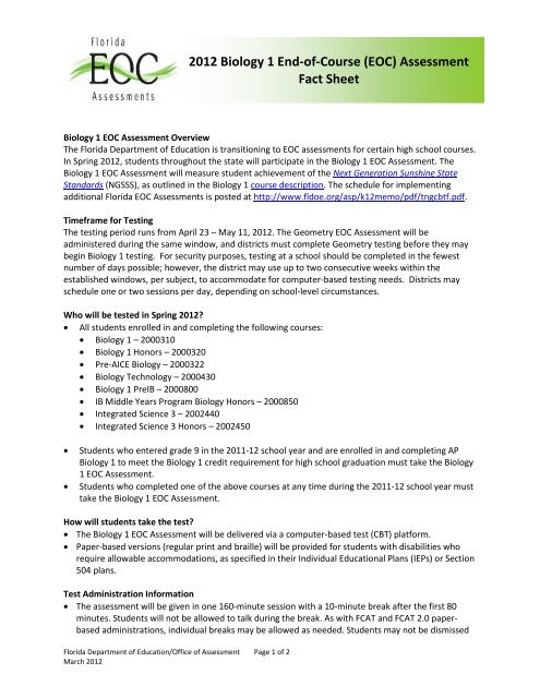 2012 Biology 1 EOC Assessment Fact Sheet - Florida Department of ...