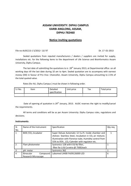 Notice Inviting Quotation for supply,installation of ... - Assam University