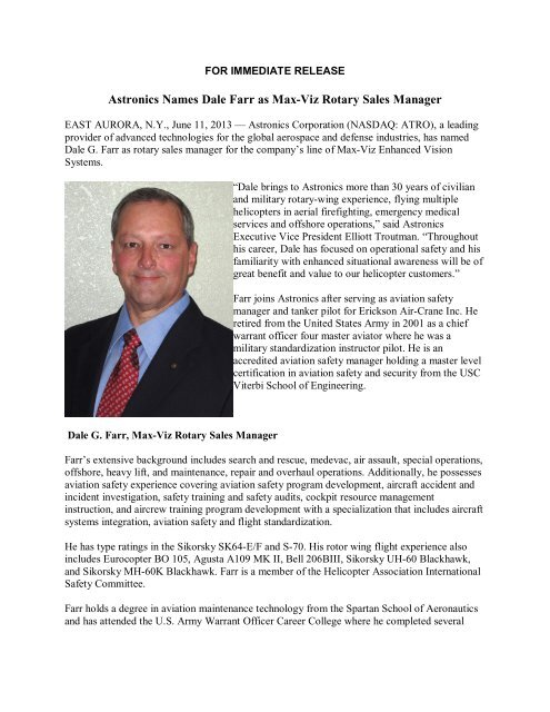 Astronics Names Dale Farr as Max-Viz Rotary Sales Manager