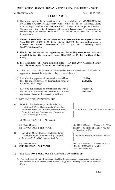 EXAMINATION BRANCH ; OSMANIA UNIVERSITY; HYDERABAD ...