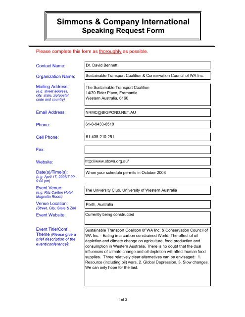 Simmons & Company International Speaking Request Form