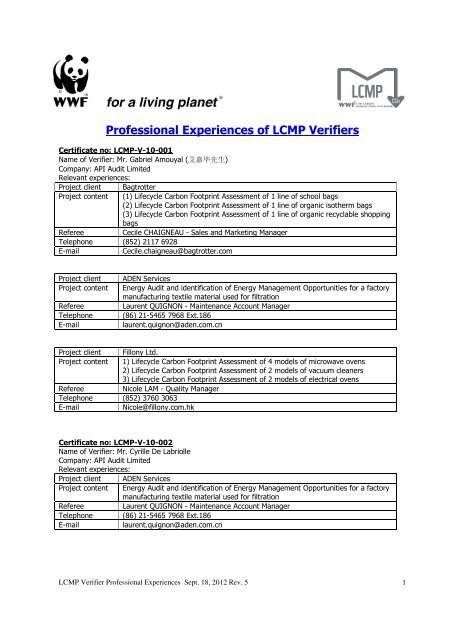 Professional Experiences of LCMP Verifiers - WWF