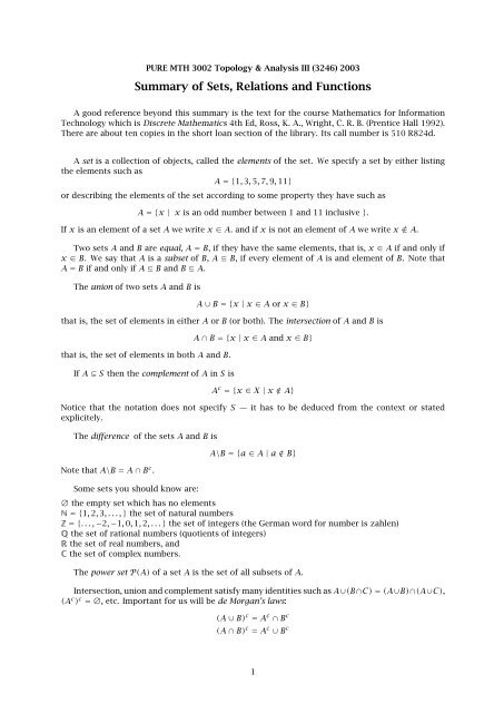 Summary of Sets, Relations and Functions Summary of Sets, Relations and Functions
