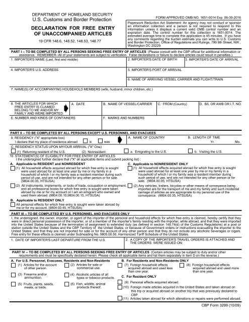 DECLARATION FOR FREE ENTRY OF UNACCOMPANIED ... - Forms