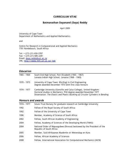 CURRICULUM VITAE Batmanathan Dayanand (Daya) Reddy ...