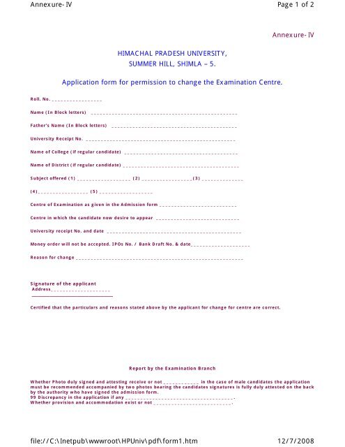 Application form for permission to change the Examination Centre