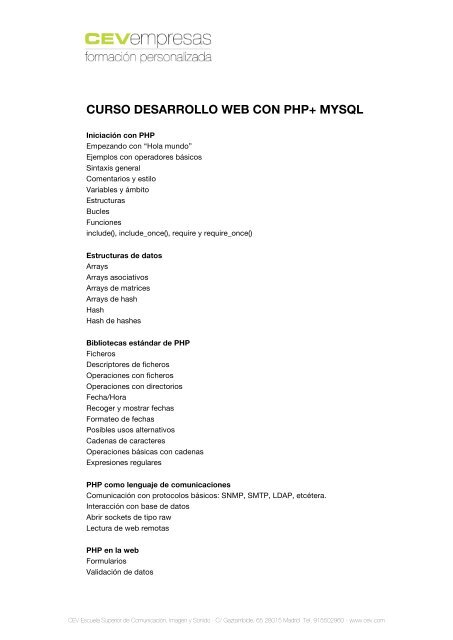 CURSO DESARROLLO WEB CON PHP+ MYSQL - cev empresas CURSO DESARROLLO WEB CON PHP+ MYSQL - cev empresas