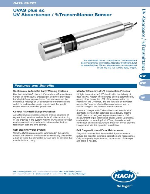 UVAS plus sc UV Absorbance/% Transmittance Sensor Data ... - Hach