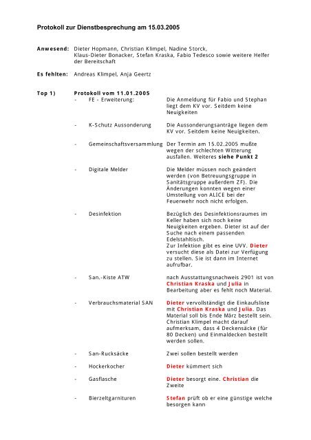 Protokoll zur Dienstbesprechung am 15.03.2005