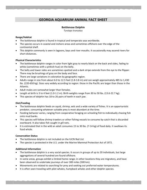 GEORGIA AQUARIUM ANIMAL FACT SHEET