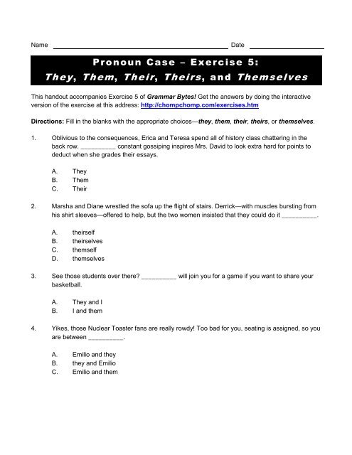 Pronoun Case â Exercise 5: They, Them, Their ... - Grammar Bytes!