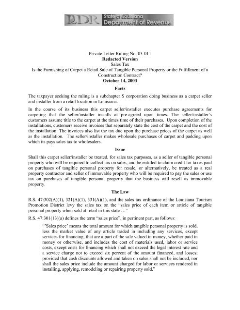 Private Letter Ruling No. 03-011 Redacted Version ... - Louisiana