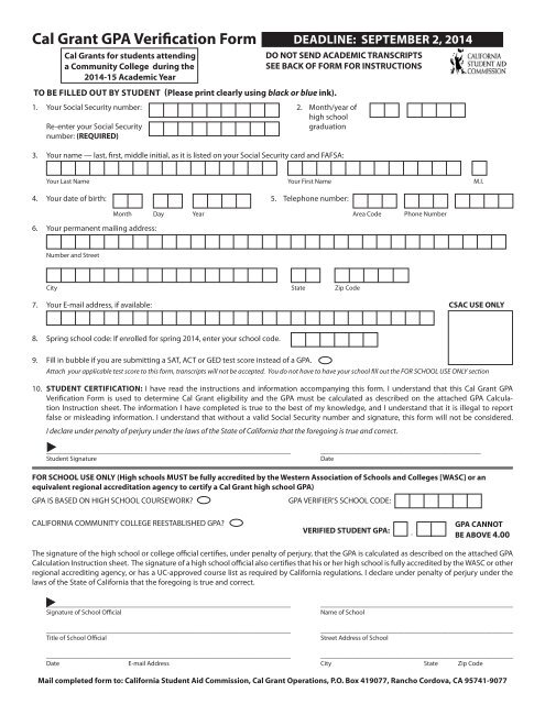 September 2, Cal Grant GPA Verification Form - CSAC California ...