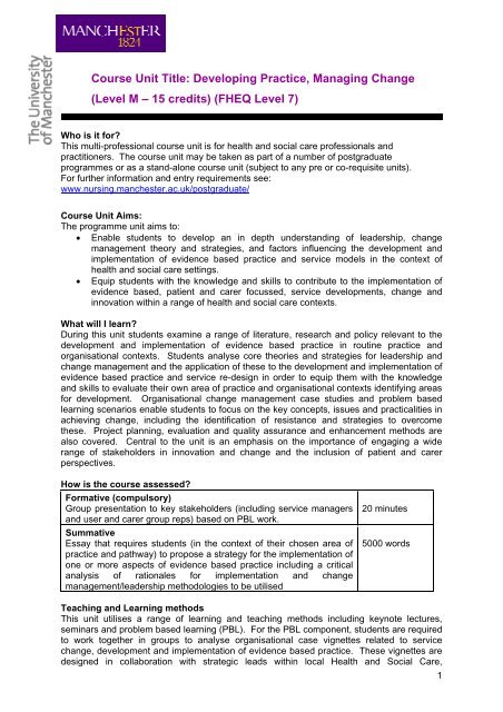 Course Unit Title: Developing Practice, Managing Change (Level M ...