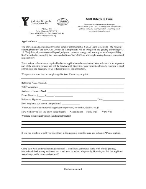 Staff Reference Form - YMCA Camp Greenville