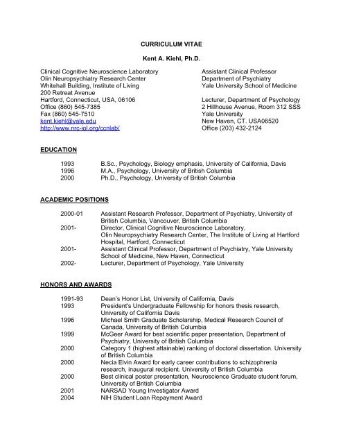CURRICULUM VITAE Kent A. Kiehl, Ph.D. Clinical Cognitive ...