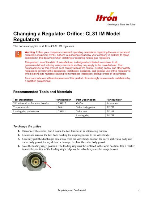 Changing a Regulator Orifice: CL31 IM Model Regulators - Itron
