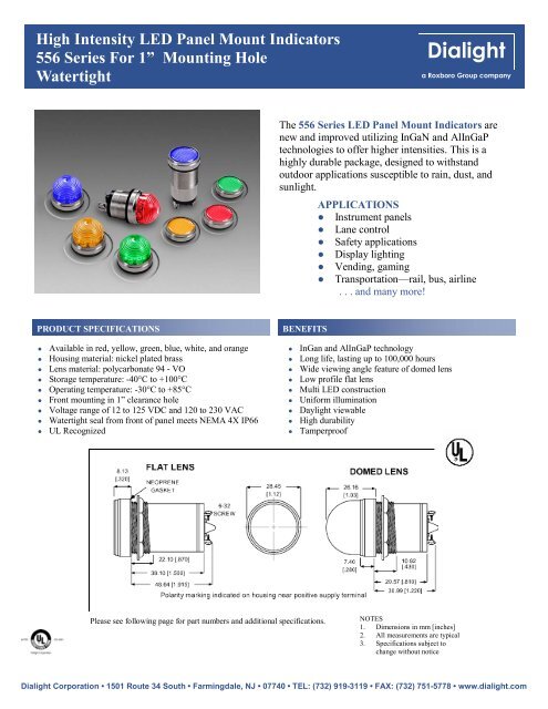 High Intensity LED Panel Mount Indicators 556 Series For ... - Dialight