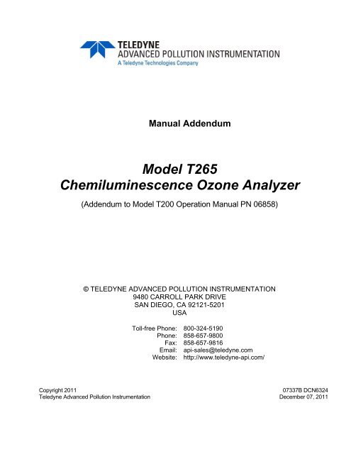Model T265 Chemiluminescence Ozone Analyzer - Teledyne API