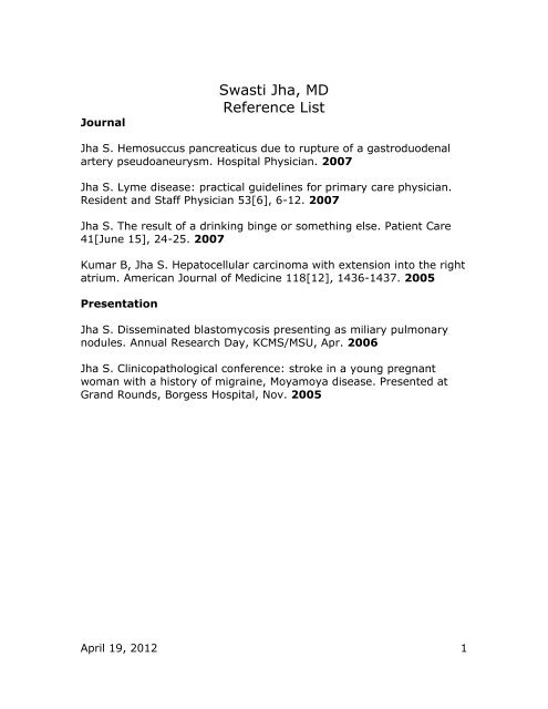 Swasti Jha, MD Reference List