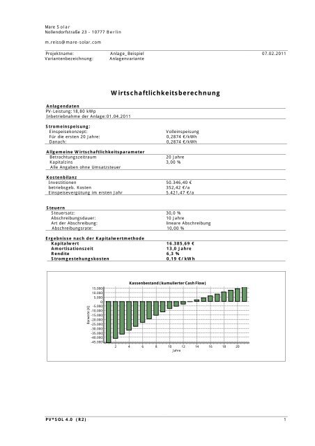 Wirtschaftlichkeitsberechnung als Beispiel für diese ... - Mare Solar