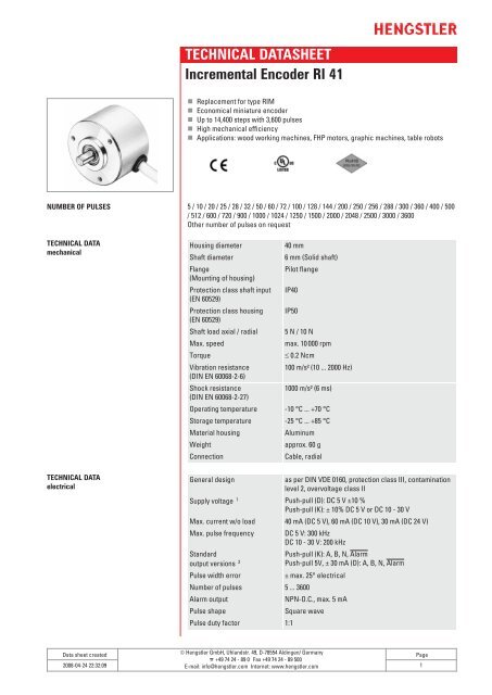 TECHNICAL DATASHEET Incremental Encoder ... - Hengstler GmbH