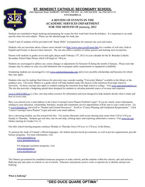 deo duce quare optima - St. Benedict Catholic Secondary School