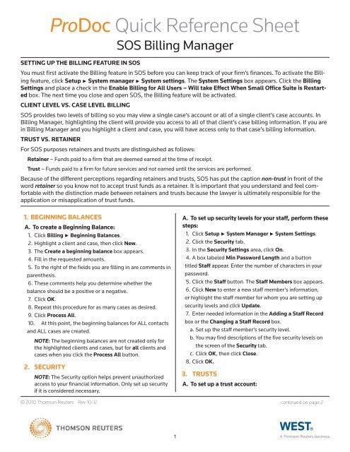 Small Office Suite Billing Quick Reference Sheet - ProDoc
