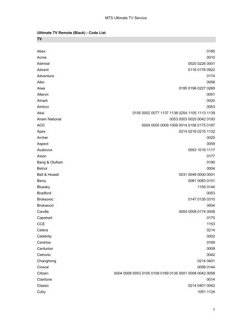 MTS Ultimate TV Service Ultimate TV Remote (Black) - Code List TV ...