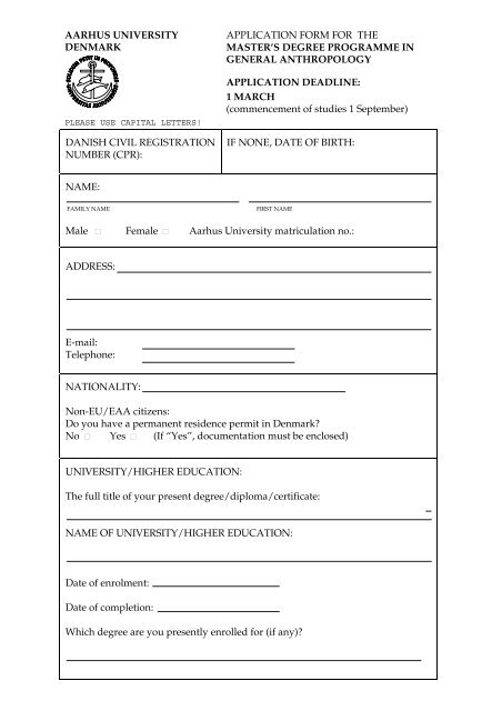AARHUS UNIVERSITY DENMARK APPLICATION FORM FOR THE ...