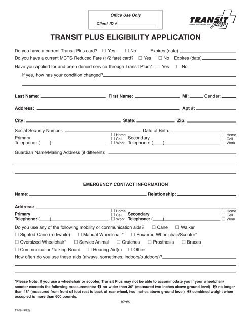 TransiT Plus EligibiliTy aPPlicaTion - Milwaukee County Transit ...