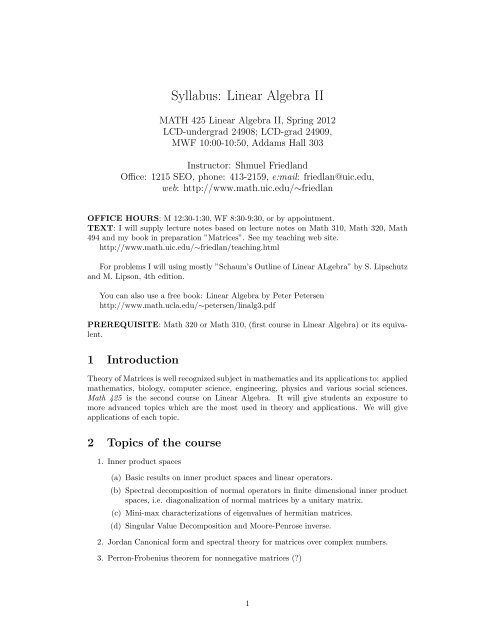Syllabus: Linear Algebra II Syllabus: Linear Algebra II
