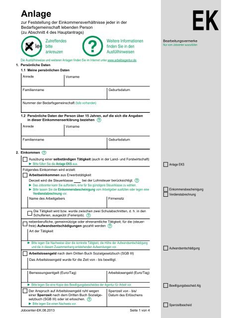 Anlage EK / Anlage zur Feststellung der EinkommensverhÃ¤ltnisse ...
