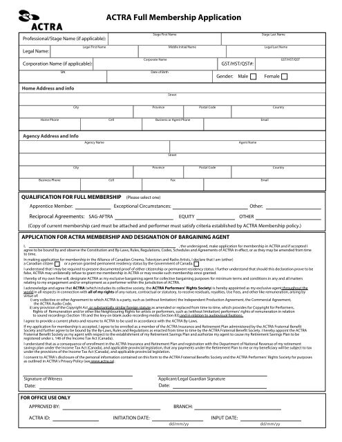 Application for Full Membership - ACTRA Toronto
