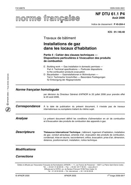 NF DTU 61.1 P4 Installations de gaz dans les locaux d'habitation