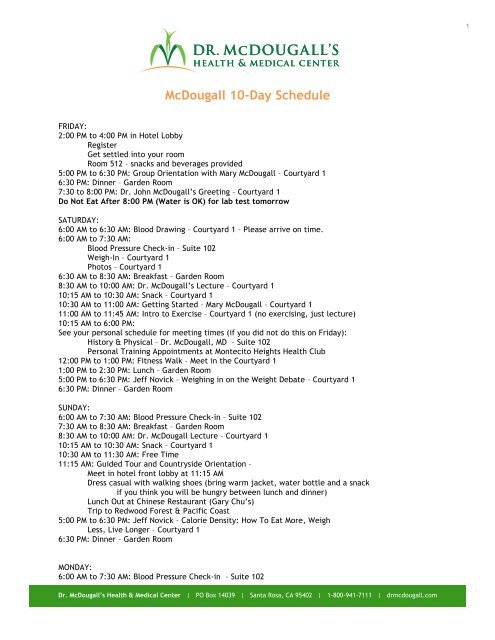 Sample 10-Day Program Schedule - Dr. McDougall