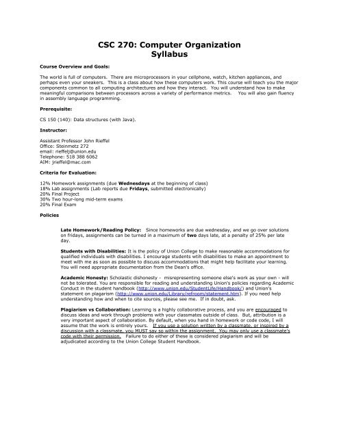 CSC 270: Computer Organization Syllabus (Winter 11) - cs@union ...