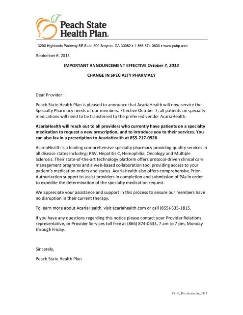 New Specialty Pharmacy: Acaria â Provider Notice - Peach State ...