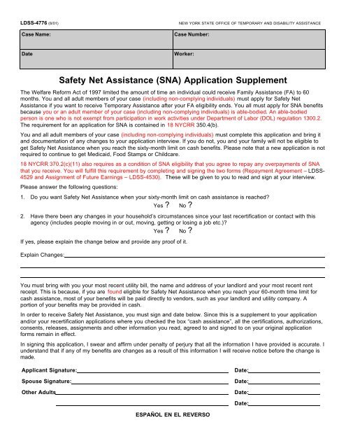 Safety Net Assistance (SNA) Application Supplement