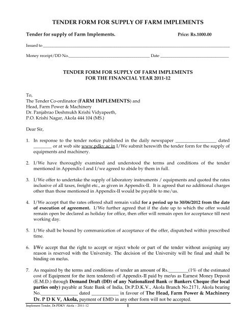 TENDER FORM FOR SUPPLY OF FARM IMPLEMENTS - pdkv. ac.in