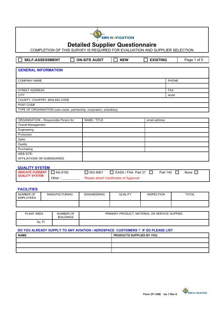 Detailed Supplier Questionnaire - SIRS Navigation Ltd.
