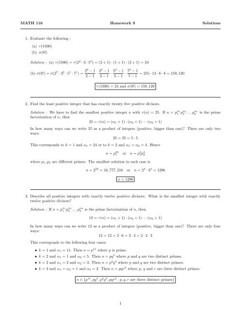 MATH 116 Homework 9 Solutions 1. Evaluate the following : (a) Ï ...