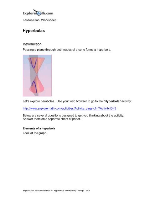 Hyperbola Worksheets Hyperbolas Worksheet For 10th 12th Grade