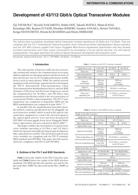 Development of 43/112 Gbit/s Optical Transceiver Modules