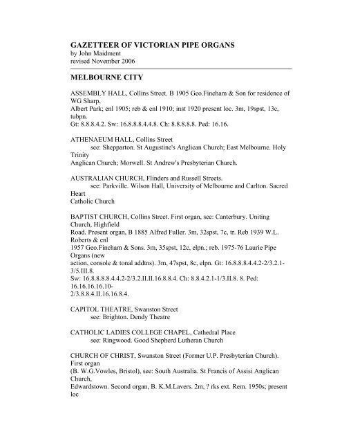 gazetteer of victorian pipe organs melbourne city - Organ Historical ...