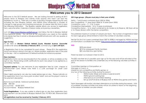 2013 Welcome Letter - Bluejays Netball - Netball Australia