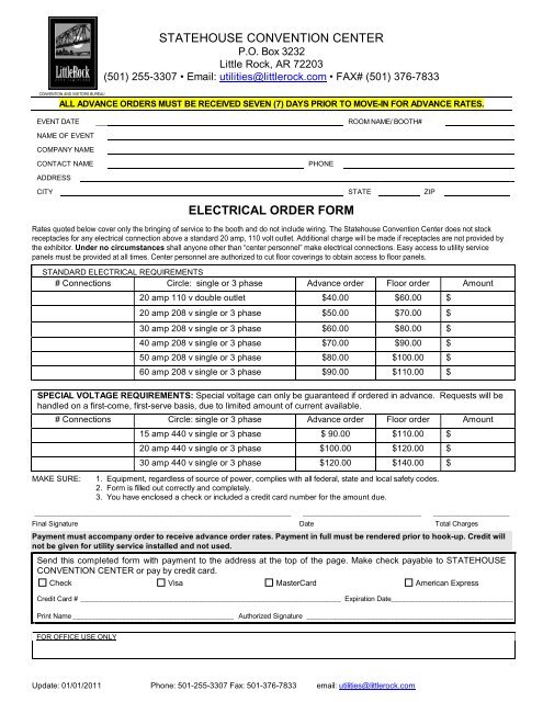 statehouse convention center electrical order form - Little Rock