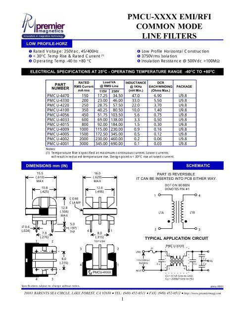 PMCU-XXXX EMI/RFI COMMON MODE LINE FILTERS