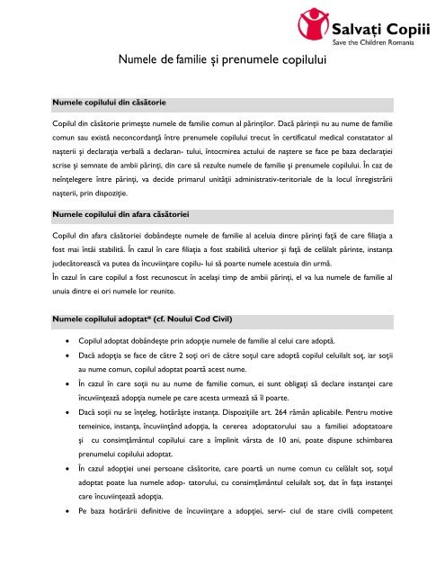 Numele de familie şi prenumele copilului - Salvati Copiii